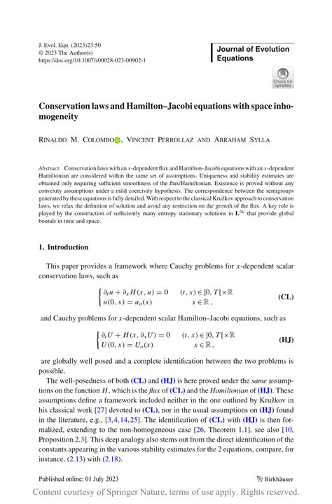 Pdf Conservation Laws And Hamiltonjacobi Equations With Space