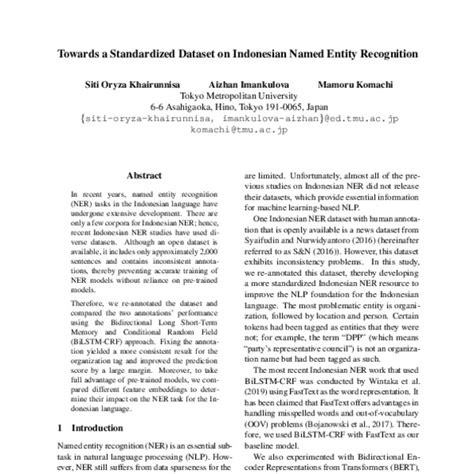 Towards A Standardized Dataset On Indonesian Named Entity Recognition Acl Anthology