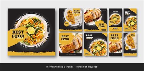 음식 및 레스토랑 홍보를 위한 소셜 미디어 포스트 배너 세트 프리미엄 벡터