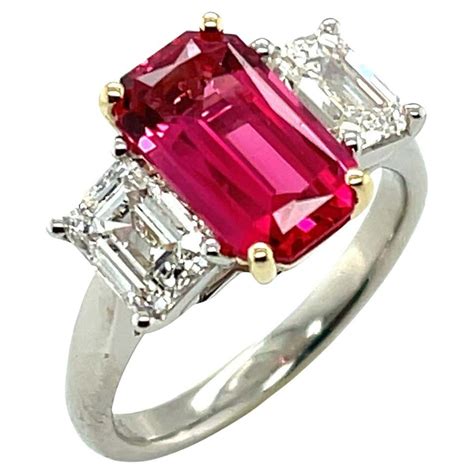 Certified Red Spinel And Diamond Three Stone Engagement Ring For Sale