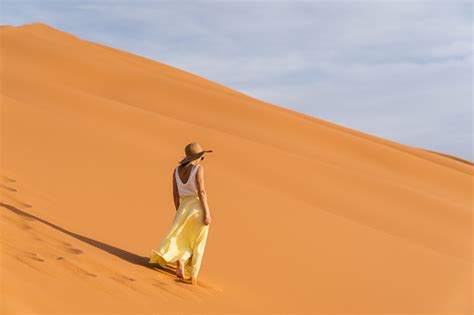긴 치마 셔츠 밀짚 모자를 쓰고 모래 언덕 위에 서서 일출을 바라보는 젊은 백인 여성 메르조가 사막에서 일출 메르즈가에 대한 스톡 사진 및 기타 이미지 Istock