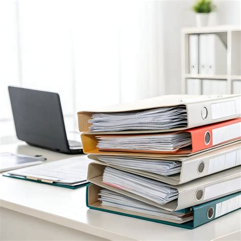 stack of folders and documents on office desk against white background