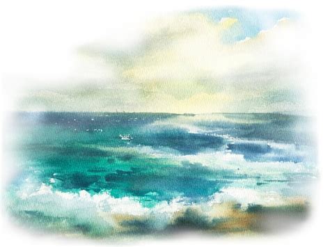 수채화 일러스트 바다 배경 바다 파도 손 그림 프리미엄 사진