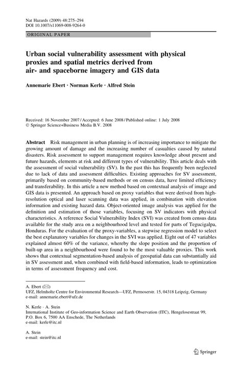 Pdf Urban Social Vulnerability Assessment With Physical Proxies And Spatial Metrics Derived