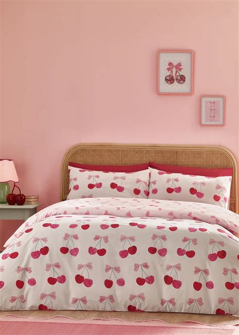 Catherine Lansfield Cherries And Bows Reversible Duvet Cover Set Pink