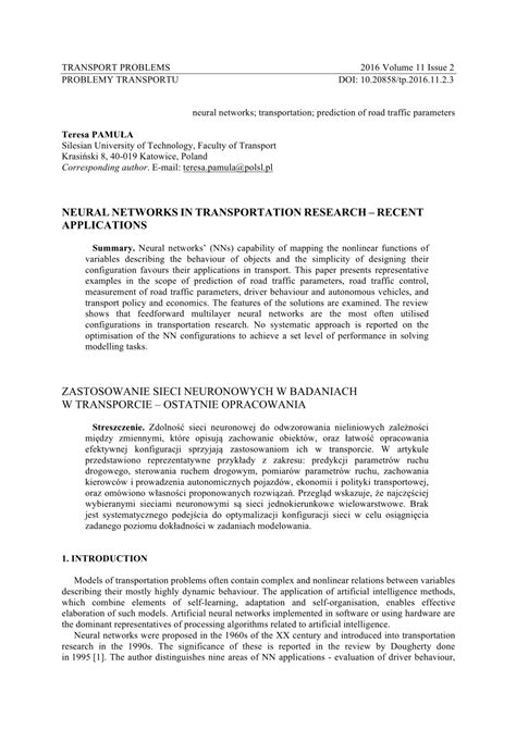 Pdf Neural Networks In Transportation Research Recent Applications