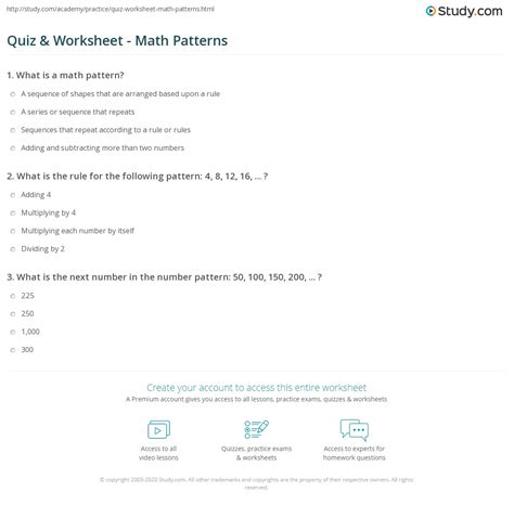 Quiz And Worksheet Math Patterns