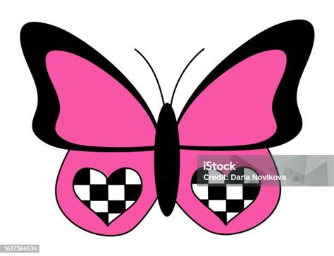 체스판 하트를 가진 이모 고스 나비 글래머 트렌디한 2000년대 미학 블랙과 핑크 사이키델릭 Y2k 그래픽 플랫 벡터 그림입니다