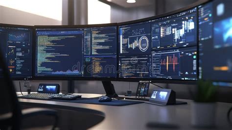 Advanced Cybersecurity Programming Setup With Multiple Monitors Stock