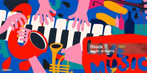 악기 다채로운 벡터 일러스트와 라이브 음악 홍보 포스터 라이브 콘서트 이벤트 음악 축제 쇼 축하 파티 전단지를위한 피아노 키 트럼펫 및 색소폰 배너 음악에 대한 스톡 벡터