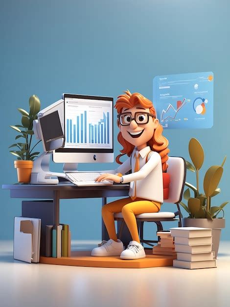 Premium Ai Image 3d Cartoon Character And Computer With Open Pages Web Analytics Seo