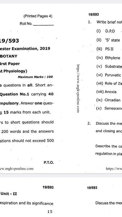Plant Physiology Msc 3rd Semester Previous Year Paper 2019 Mgkvp