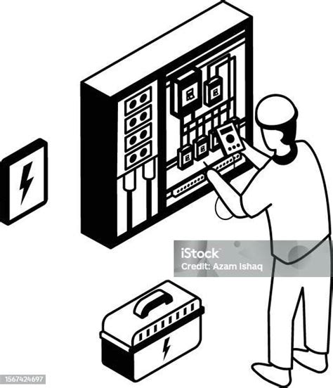 스위치 박스의 회로 차단기 작업을 하는 사람 아이소메트릭 개념 안전 스위치 문제 벡터 아이콘 디자인 전기 엔지니어 기호 배선 전문가 기호 유지 보수 기술자 도구 재고 개폐