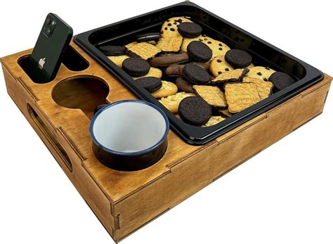 Wooden Serving Tray With Cup Holder Coffee Table Rustic Cookie Caddy