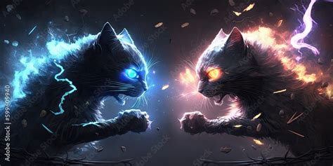 Abstract Image Art In Two Young Cat Fighting With Laser Powerful