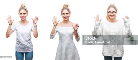 흰색 절연 배경 위에 젊은 아름 다운 금발 여자의 콜라주 표시 하 고 자신감과 행복 웃는 동안 여섯 손가락 숫자를 가리키는