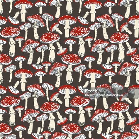 벡터 완벽 한 패턴 와 손으로 그린 만화 버섯 Amanita Muscaria 파리 Agaric 버섯 디자인 템플릿 마법의 버섯이 있는 완벽한 플로럴 프린트 0명에 대한 스톡