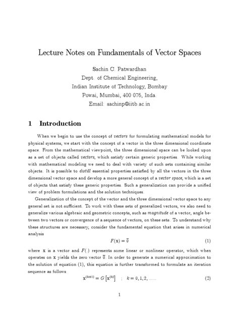 Lecture Notes On Fundamentals Of Vector Spaces Pdf Vector Space Linear Subspace