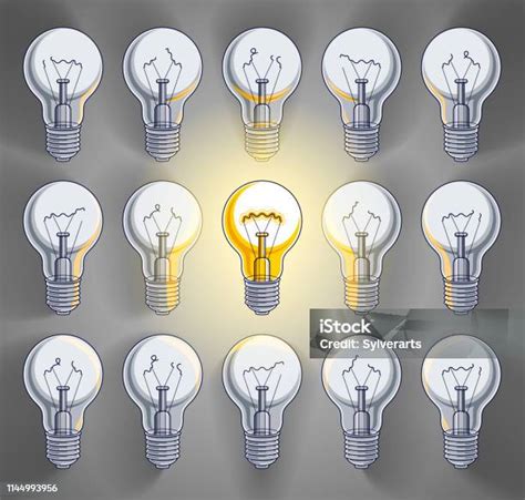 아이디어 개념 다른 생각 전구 그룹 벡터 일러스트 레이 션 하나는 빛나는 창조적 인 영감 특별 한 리더십 개념에 대한 스톡 벡터