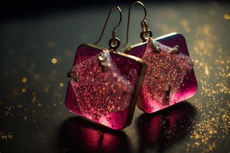 Square Pink Acrylic Earring With Sparkles Generative Ai Stock