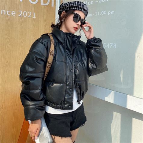 헤이레네 👍당일빵빵충전재 블랙 무광 레더 가죽 하이넥 크롭 숏 패딩
