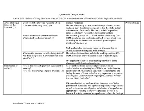 Dnp 816 Quantitative Critique Quantitative Critique Rubric Article