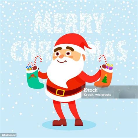 눈 배경 메리 크리스마스 개념에 선물과 산타 클로스 옷을 입고 행복한 남자 플랫 스타일의 벡터 일러스트레이션 겨울에 대한 스톡 벡터 아트 및 기타 이미지 Istock
