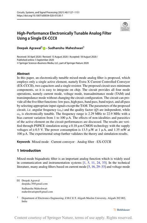 High Performance Electronically Tunable Analog Filter Using A Single Ex Cccii Request Pdf