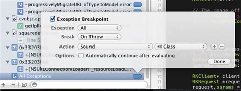 Iphone Ignore Certain Exceptions When Using Xcode S All Exceptions Breakpoint Stack Overflow