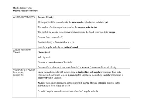 Guided Notes V22 M3l06 Physics Guided Notes Module 3 Lesson 06 Honors Angular Velocity Angular