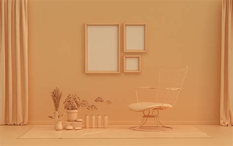 단일 의자와 식물이있는 흑백 플랫 싱글 오렌지 분홍빛이 도는 컬러 룸 3d 렌더링이있는 3 프레임의 갤러리 벽 0명에 대한 스톡 사진 및 기타 이미지 Istock