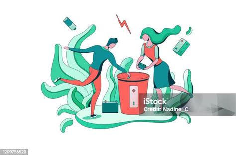 배터리 재활용 개념 특수 쓰레기통에 배터리 의 폐기 깨끗한 환경 생태 평면 만화 환경 벡터 일러스트 사람이 용기에 쓰레기를 넣어