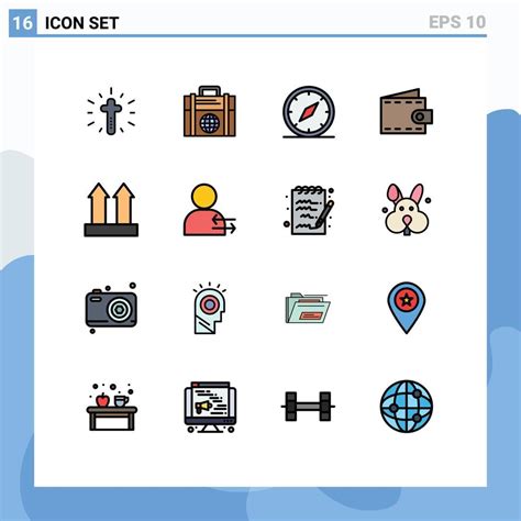 Mobile Interface Flat Color Filled Line Set Of 16 Pictograms Of Arrows Purse Compass Money
