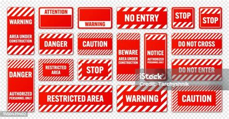 대각선이있는 다양한 흰색 및 빨간색 경고 표지판 주의 위험 또는주의 표지판 건설 현장 표지판 현실적인 통지 간판 경고 배너 도로 방패 벡터 그림 0명에 대한 스톡 벡터 아트
