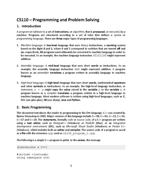 Cs110 Programming And Problem Solving Introduction A Program Or