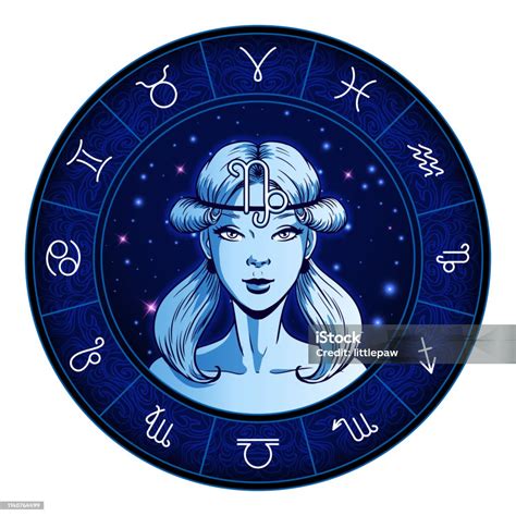 염소 자리 조디악 기호 작품 아름 다운 소녀 얼굴 별자리 기호 스타 기호 벡터 일러스트 레이 션 점성술 기호에 대한 스톡 벡터