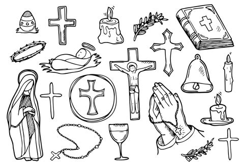 Christian Religion Doodle Icon Set Christianity Vector Illustration