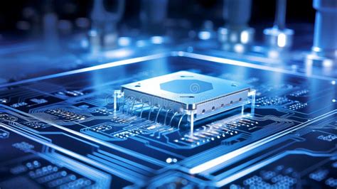 Close Up Of A Microchip On A Circuit Board Illuminated By Blue Light In A Technology Lab Stock