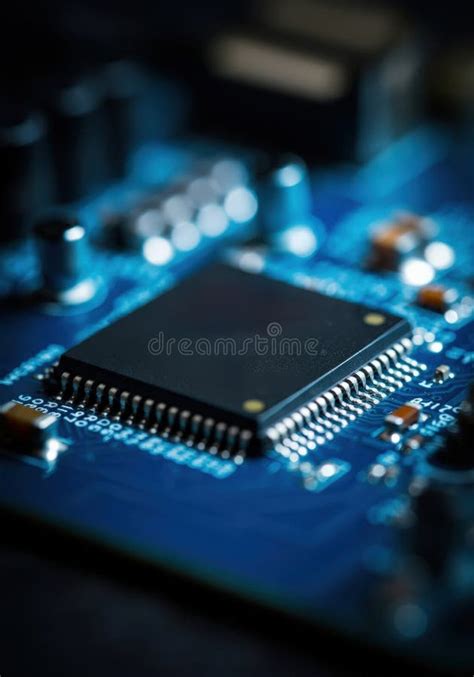 Close Up Of A Microchip On A Blue Circuit Board Stock Image Image Of