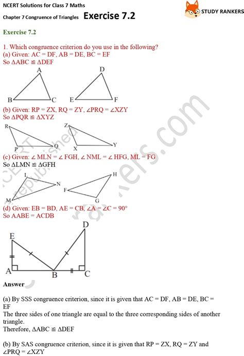Ncert Solutions For Class 7 Maths Ch 7 Congruence Of Triangles Exercise 7 2
