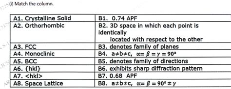 solved match the column a1 crystalline solid a2 orthorhombic b1 0 74apf b2 3d space in which