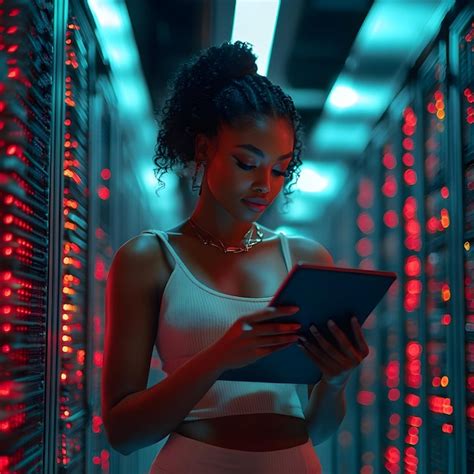 Woman In Server Room Monitoring Network Traffic Premium AI Generated Image