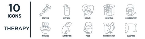 치료 개요 아이콘 세트에는 얇은 선 목발 건강 동종 요법 가습기 반사 요법 수면 보고서 프레젠테이션 다이어그램 웹 디자인에 대한 향 아이콘이 포함됩니다 0명에 대한 스톡