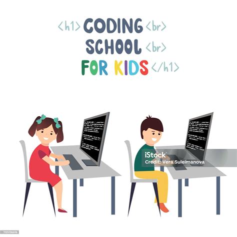 소년과 소녀 연구 컴퓨터 코딩 프로그래밍 코드 모니터와 손으로 그린 아이 들을 위한 문구 코딩 학교 자체에 기록 됩니다 벡터 그래픽 Php 프로그래밍 언어에 대한 스톡 벡터