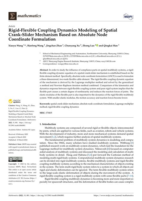 Pdf Rigid Flexible Coupling Dynamics Modeling Of Spatial Crank Slider