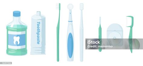 치과 청소 도구 구강 관리 및 위생 제품 칫솔 치약 구강 청결제 혀 브러시 및 치실 양치질 흰색에 격리 된 평면 만화 스타일의 벡터 일러스트레이션 0명에 대한 스톡 벡터