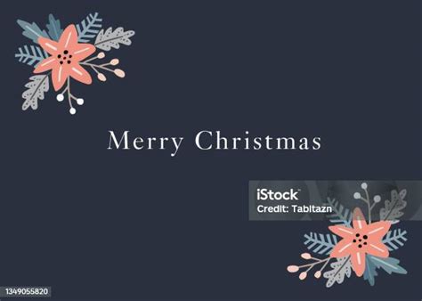 크리스마스 인사말 카드 초대장 붉은 포인세티아 꽃 열매 전나무 나무 가지의 꽃 모서리 메리 크리스마스 텍스트 겨울 벡터 일러스트레이션 웹 배너 진한 파란색 배경 가문비나무에