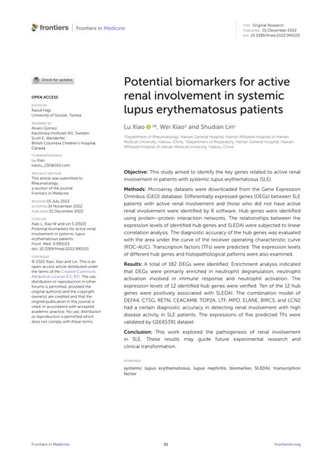 Pdf Potential Biomarkers For Active Renal Involvement In Systemic Lupus Erythematosus Patients
