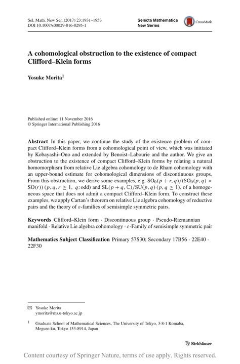 A Cohomological Obstruction To The Existence Of Compact Clifford Klein