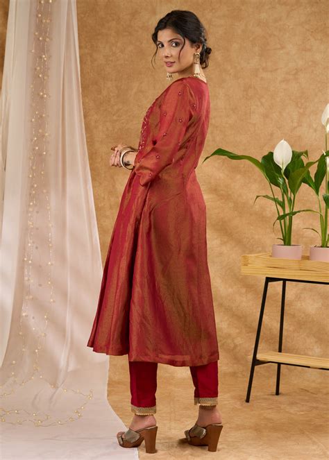 Exclusive Rust Pure Tissue Kurta With Intricate Embroidery Pant Option